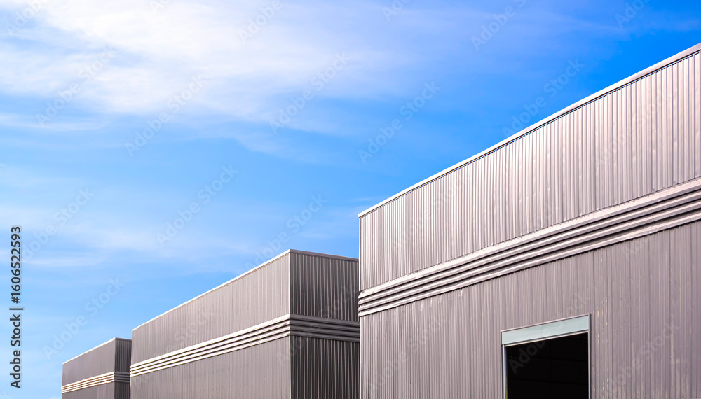 Row of 3 warehouse factory industrial buildings with entrance door and ...