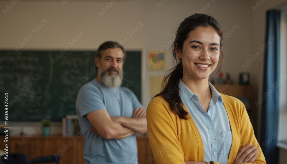 Hispanic teacher stands confidently in classroom with supportive ...