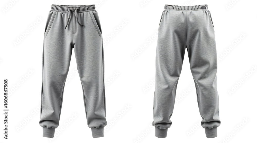 Grey sweatpants in front and back view, mockup isolated on transparent ...