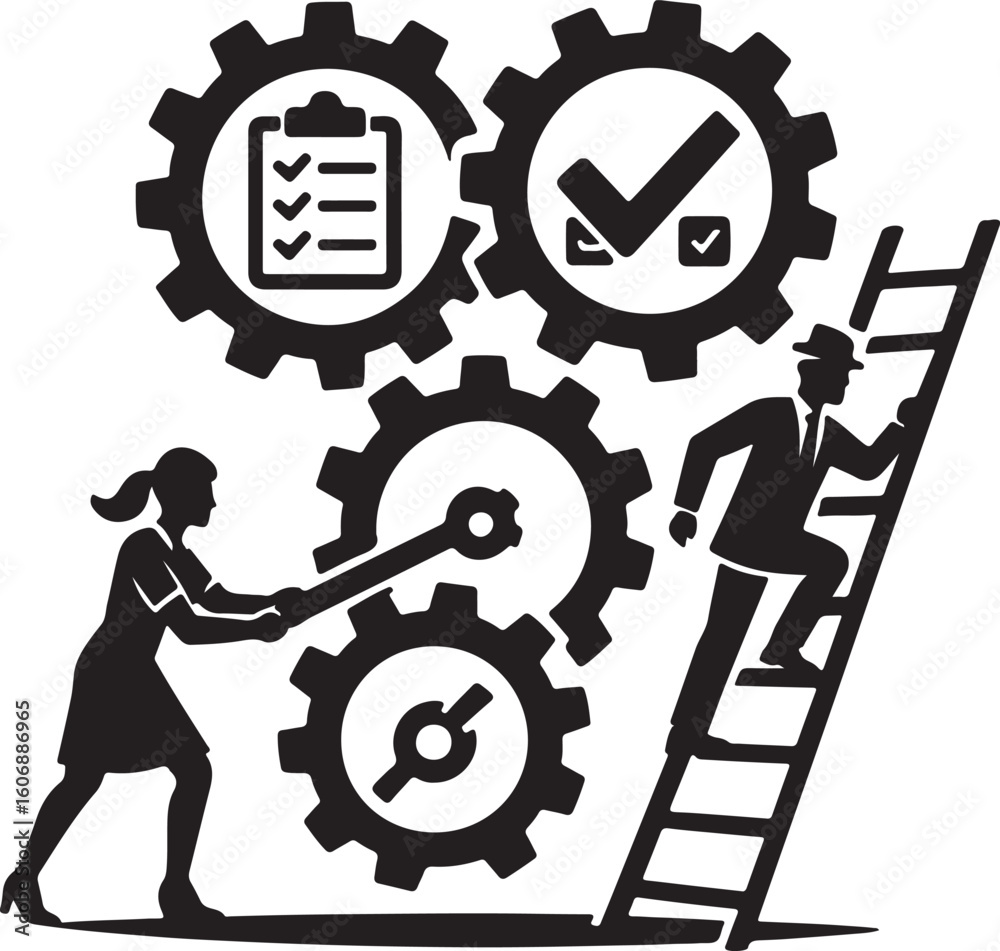 Teamwork and Progress Depicted by Gears, a Ladder, and Two Figures ...