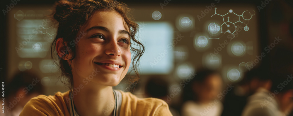 Student with bright smile celebrates her success after answering a ...