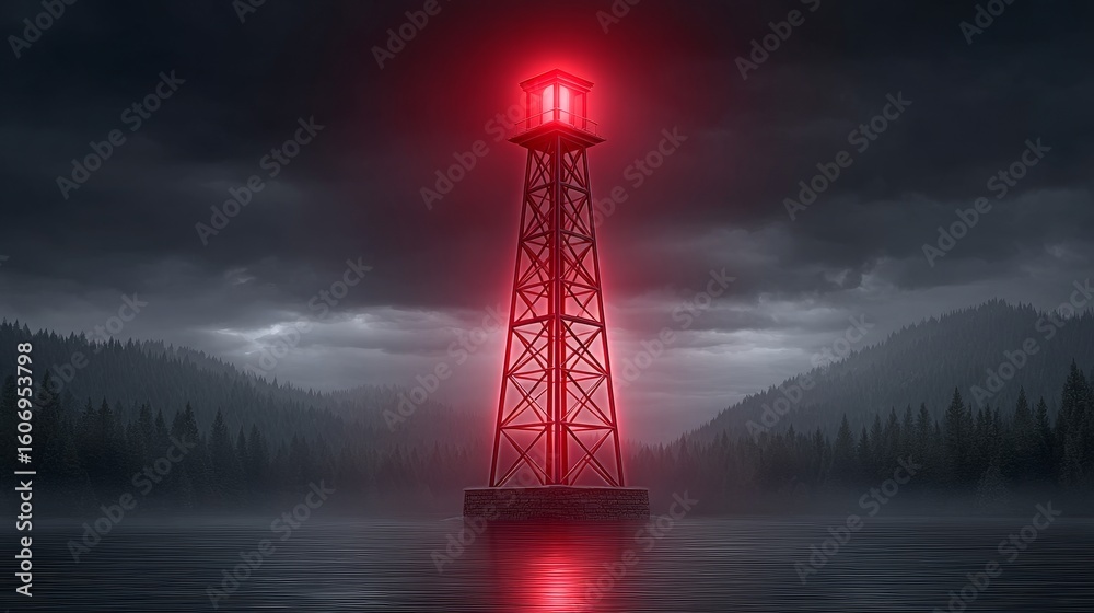 Emergency tsunami warning system tower with flashing red lights on ...