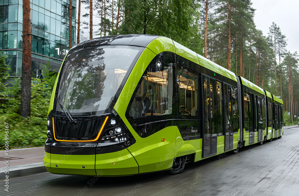 Autonomous electric shuttle bus drives on green urban road lined with ...