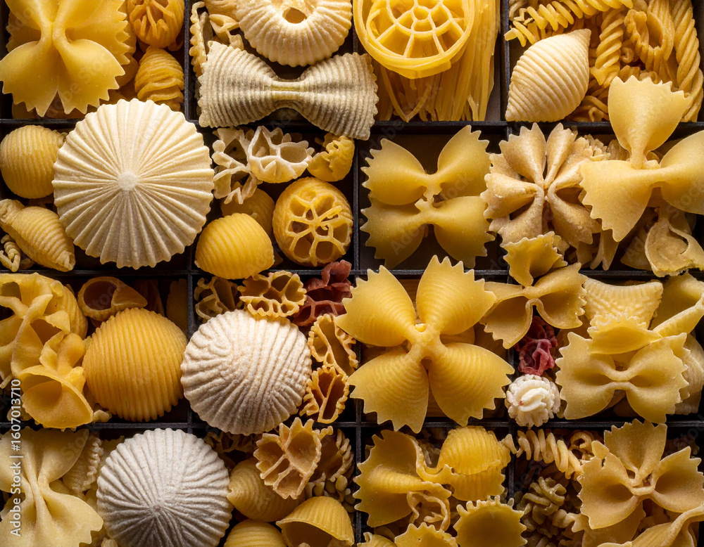 A collection of dried pasta shapes of various sizes and colors ...