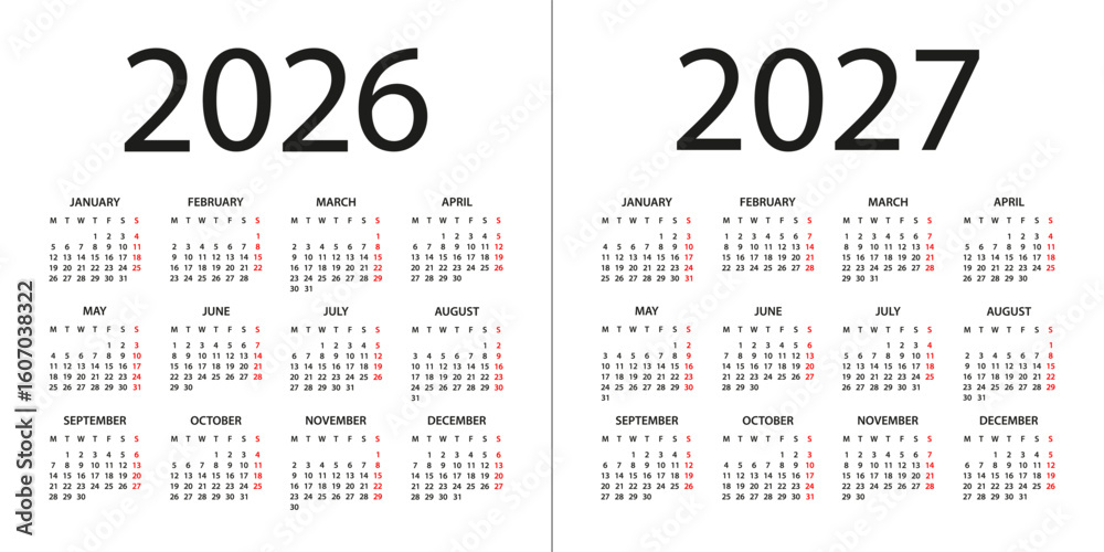 Calendar 2026, 2027 - illustration. Week starts on Monday. Calendar Set ...