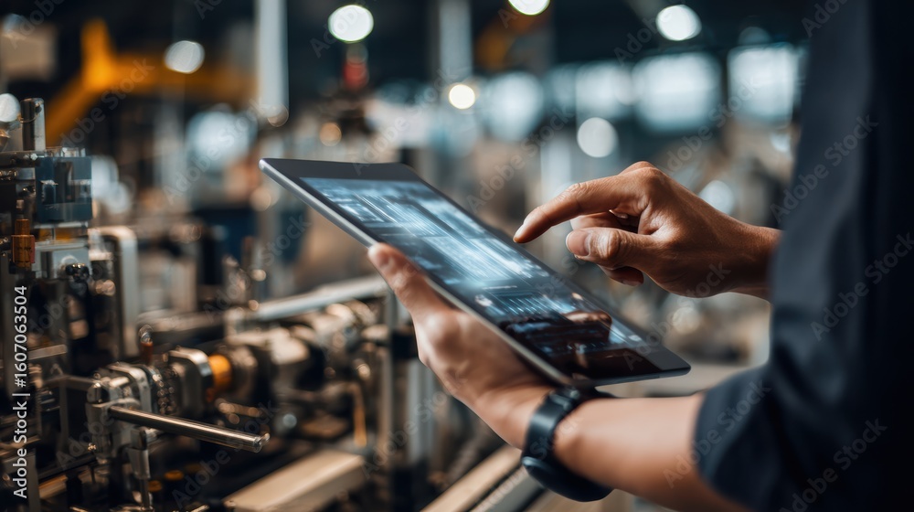 A skilled worker uses a tablet to monitor machinery operations in a ...