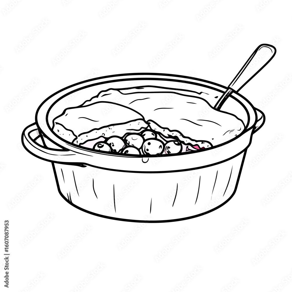 Line art illustration of a berry cobbler in a casserole dish with a ...