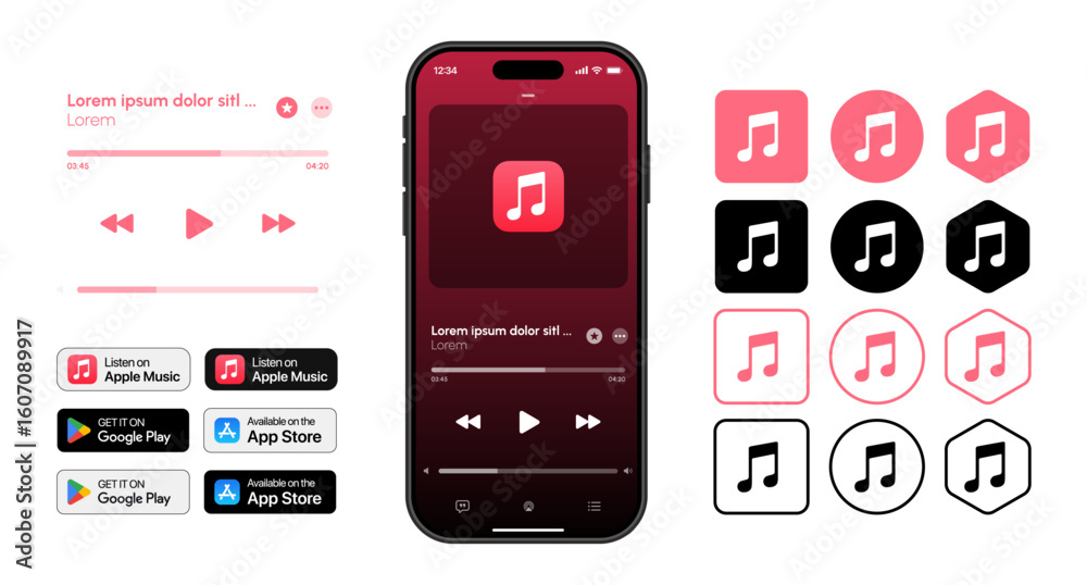 Apple Music UI mockup with playlist view, album art, playback bar ...
