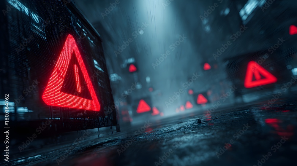 Red danger triangles on a rainy street at night, symbolizing warning ...