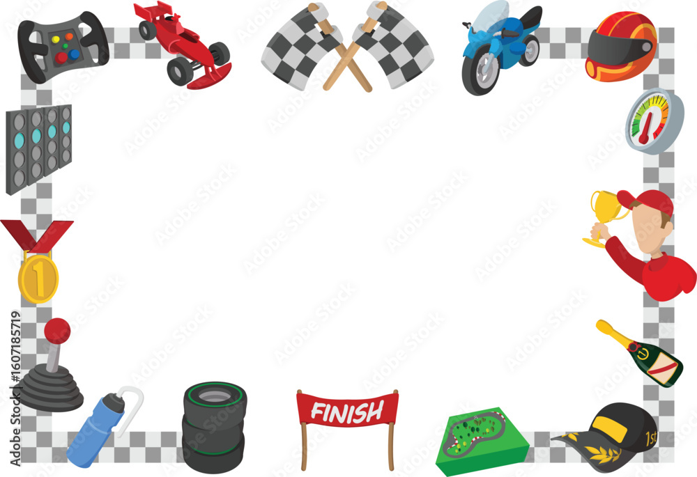 Checkered flags, racing car, motorcycle, helmet, and other elements ...