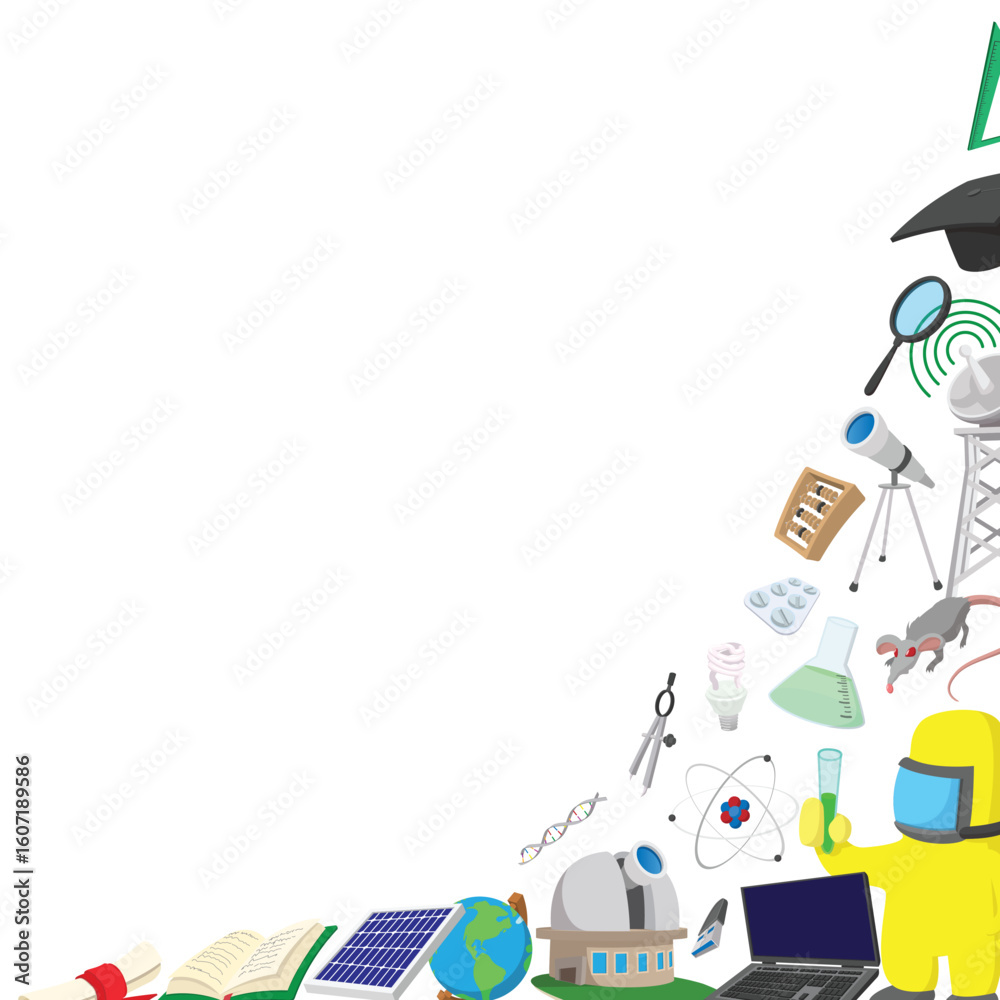 Cartoon science background with lab, space and graduation icons forming ...