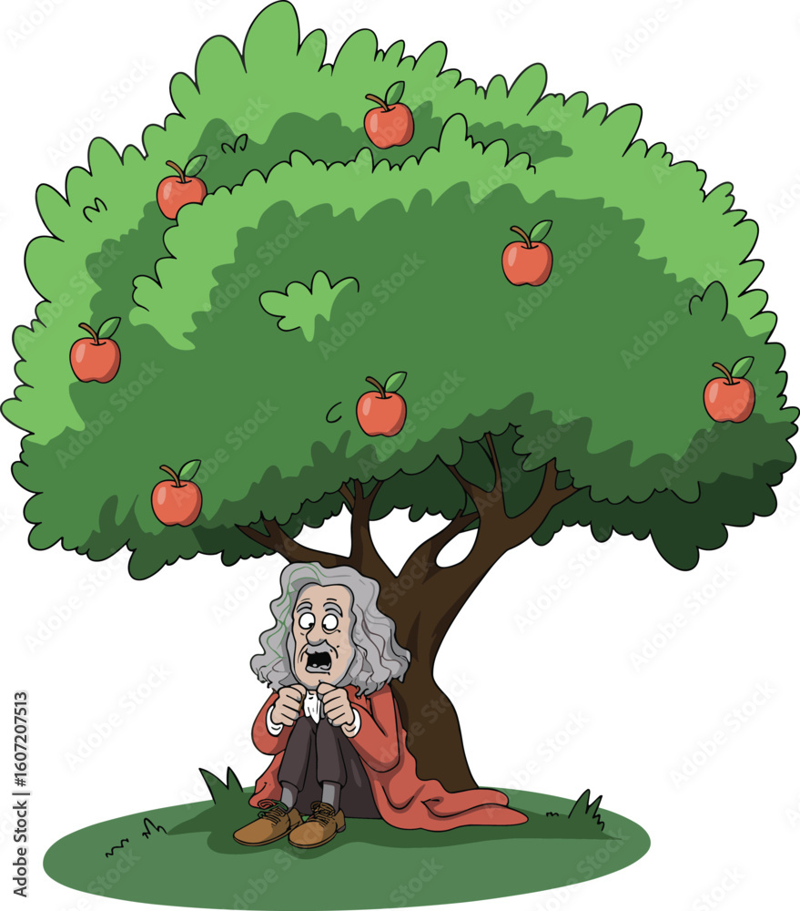 Funny cartoon Isaac Newton under apple tree, gravity discovery moment ...