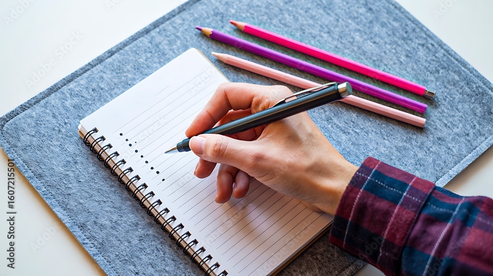 Person writing notes in spiral notebook with pencils on desk in study ...