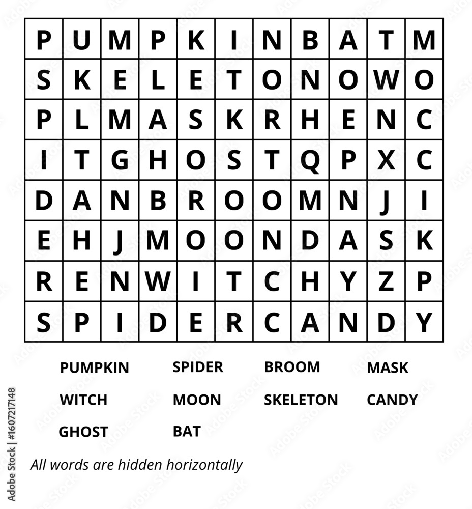 Halloween word search puzzle with themed words in horizontal rows on ...