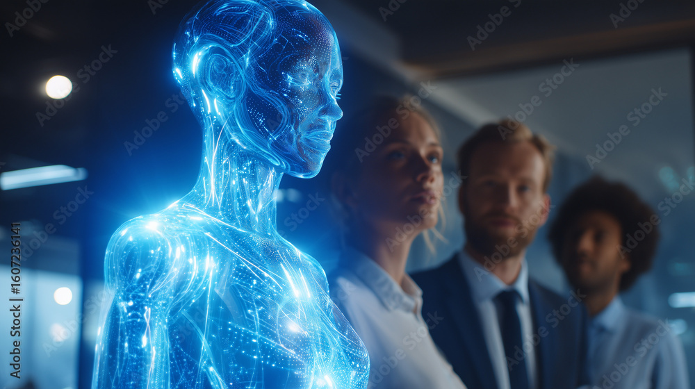 An AI hologram agent representing autonomy and teamwork, standing ...