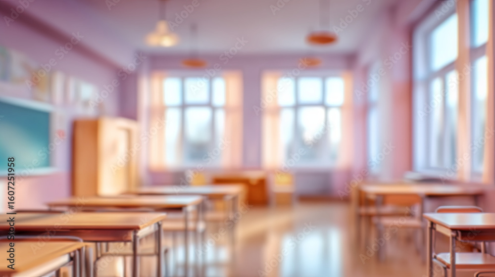 Blur Background of Peaceful empty classroom interior with soft pastel ...