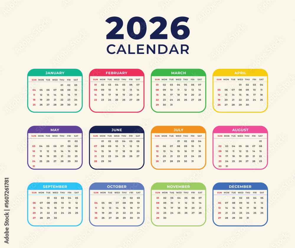 2026 Calendar vector illustration.Set of calendars for 2026, 2027 and ...