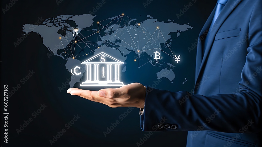 Global Financial Network: Businessman Holding World Map with Currency ...