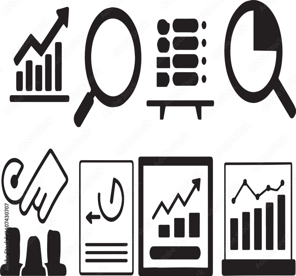 Data Analytics & Business Report Icons – Graphs, Charts, Magnifying ...