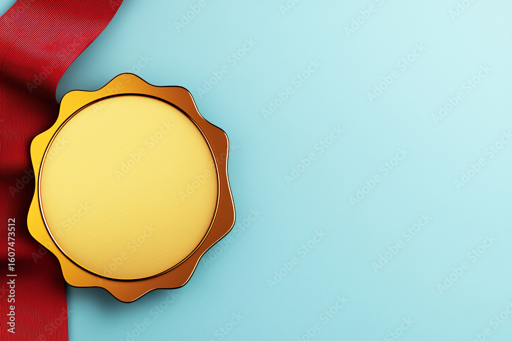 Blank gold medal with a scalloped edge and a red ribbon on a light blue ...