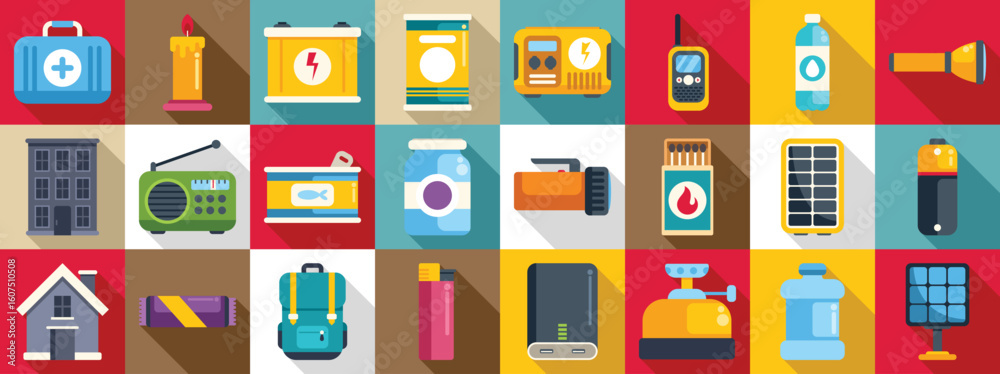 Blackout icons set. Collection of essential supplies for emergency ...