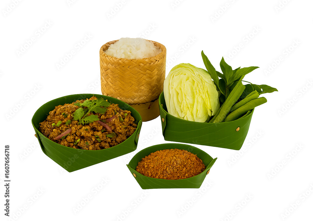 Fotografia do Stock thai food, isaan cuisine, laab, sticky rice, fresh ...