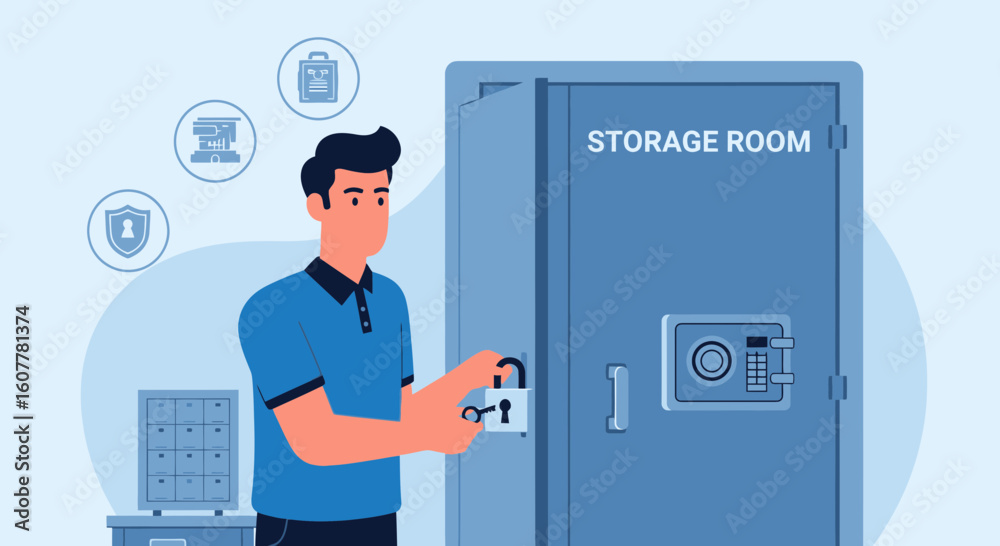 Man Securing Valuables In Storage Room Using Key And Lock For Safety ...
