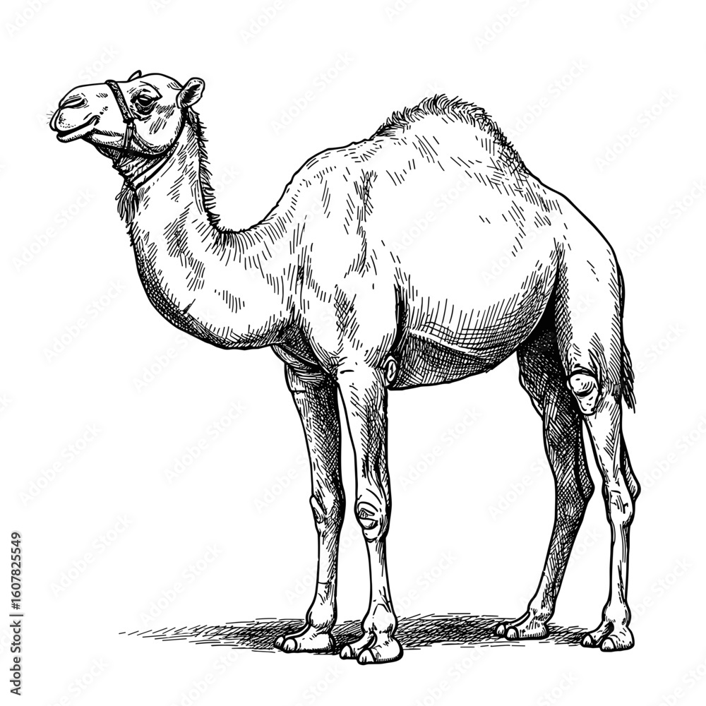 Dromedary camel Camelus dromedarius illustration. Detailed drawing of ...
