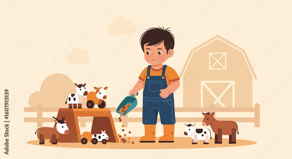Image vectorielle Stock Young Boy Feeds Farm Animals On a Quiet Farm ...