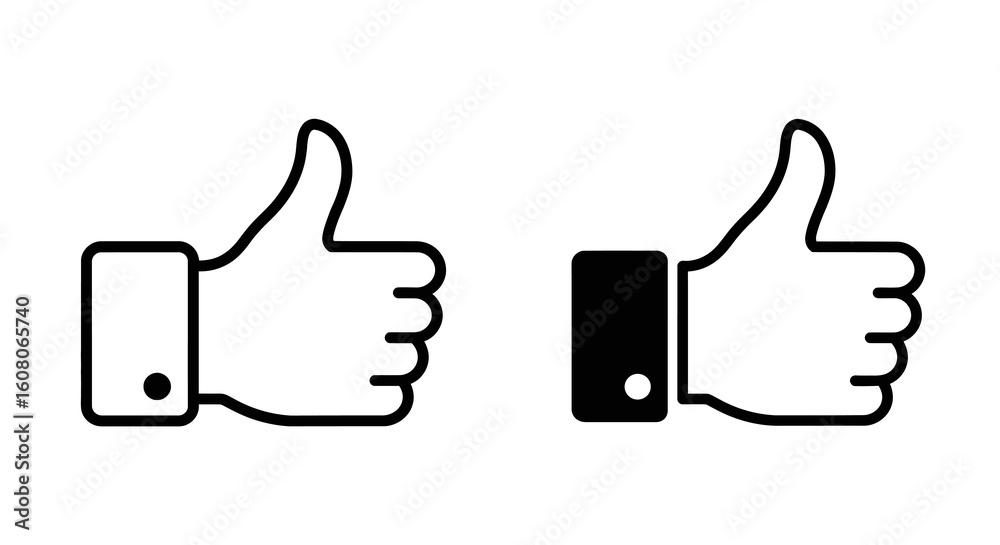 Two minimalist thumbs up icons, one outlined and one solid black ...