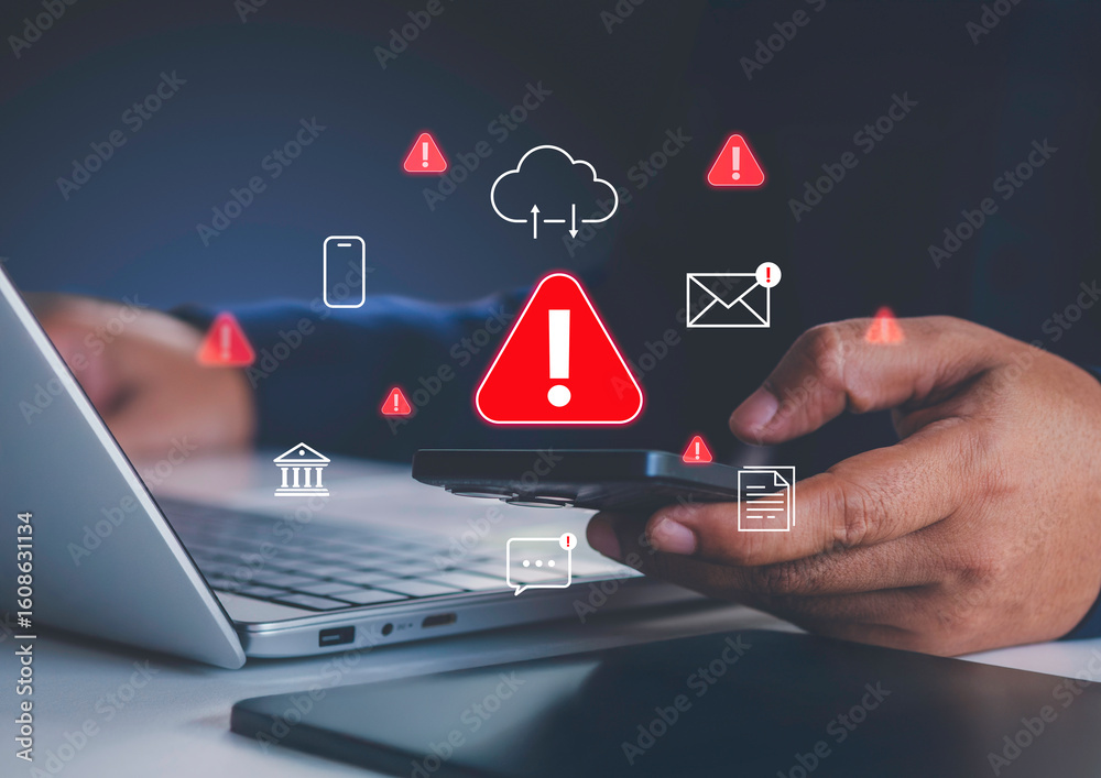Phone scam alert and cyber fraud prevention concept, Businessman using ...