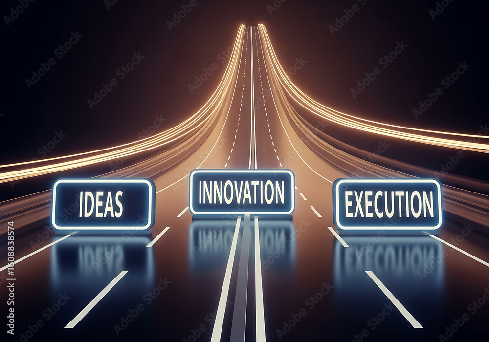 Three illuminated signs, Ideas, Innovation, and Execution, mark a ...