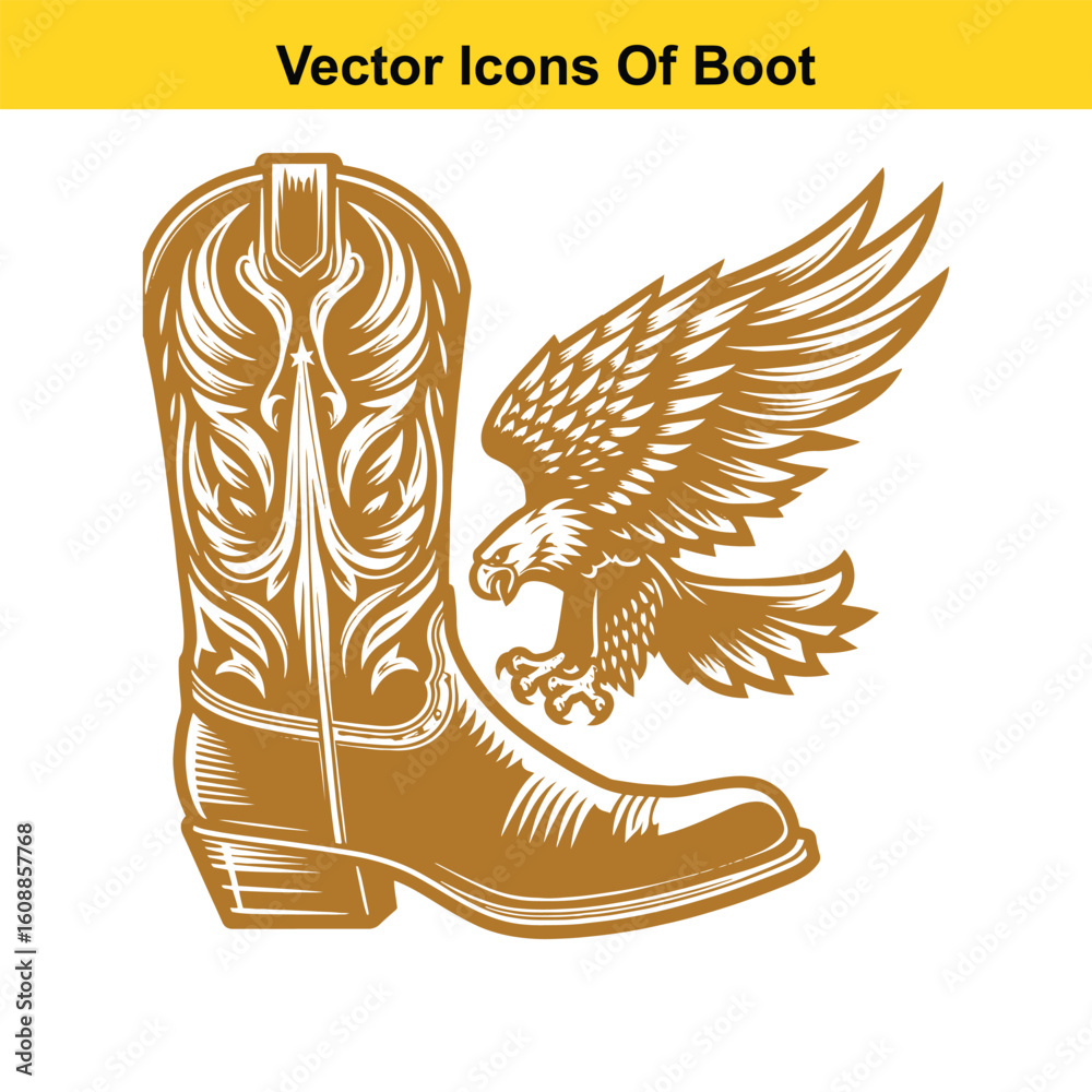 Western Boot with Flying Eagle – Black and White Vector Line Art for ...