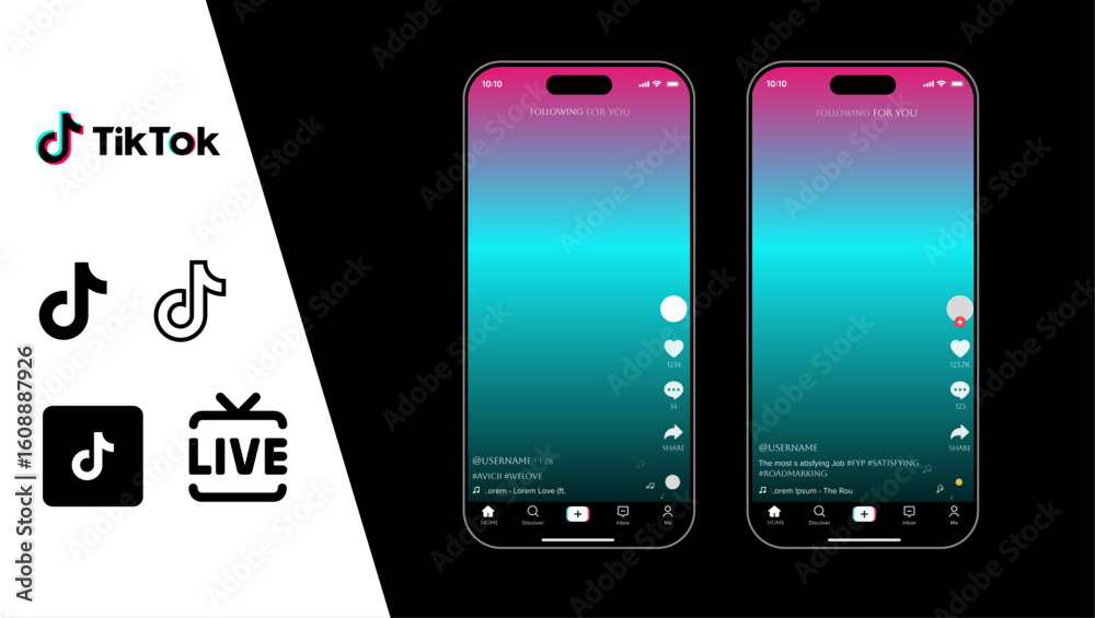 TikTok UI mockup template with video player, like, comment, share ...