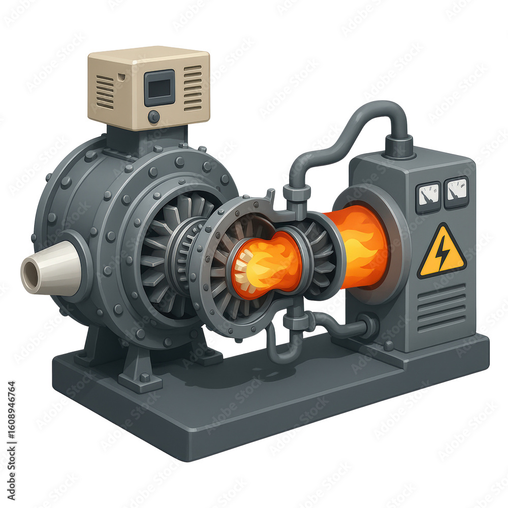 Power Production Hydrocarbon concept. Jet engine turbine with flames ...