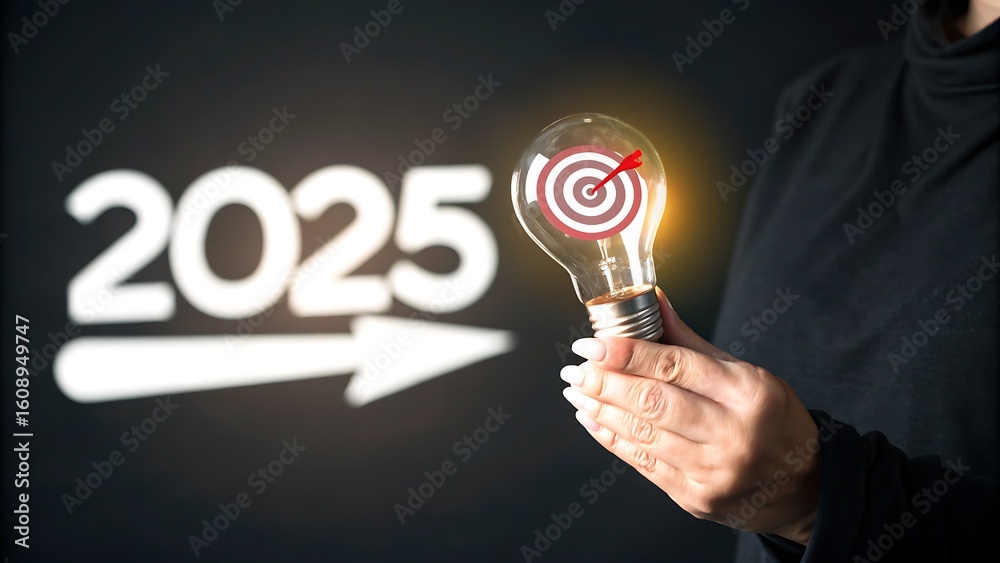 Achieving Goals for 2025: Conceptual Light Bulb with Target Held by ...