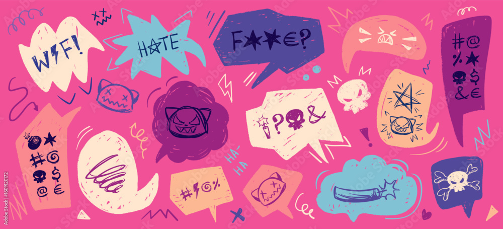 Crayon doodle speech bubbles with colorful chalk lines and abstract ...