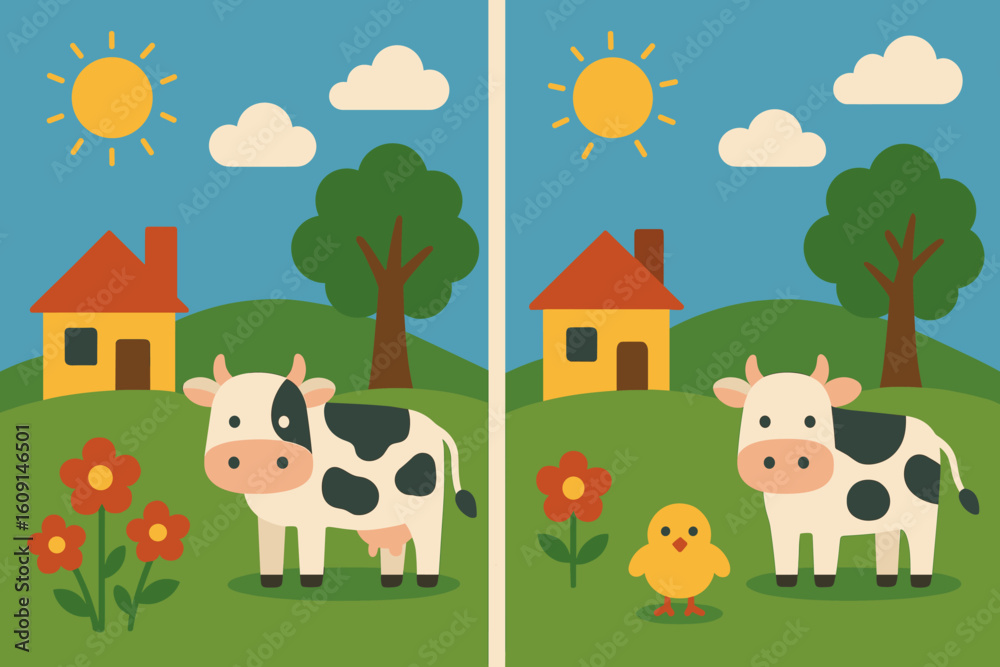 Cartoon farm scene with cow and chick for children’s educational game ...