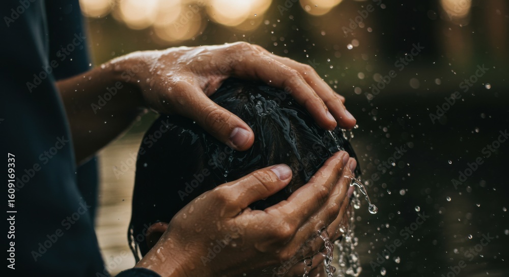 Hands touching person's head with water close up. Baptism ceremony as ...