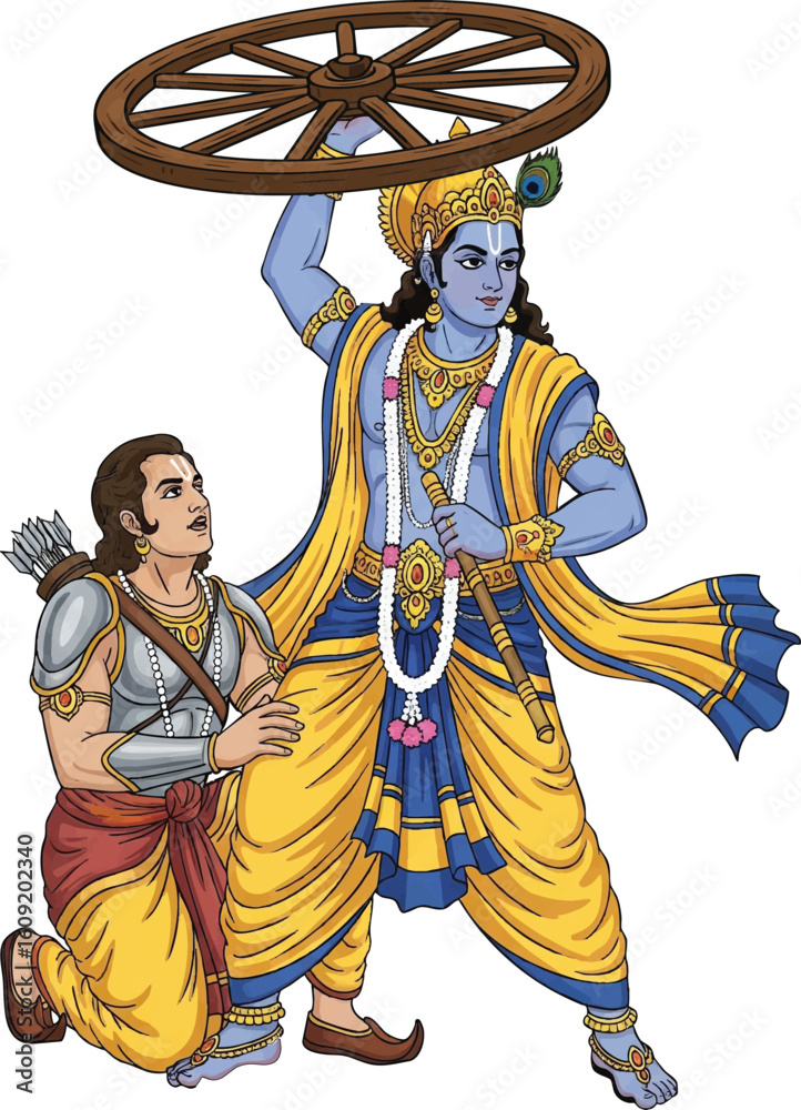 Arjuna stops by god Krishna while holding chariot wheel to attack ...