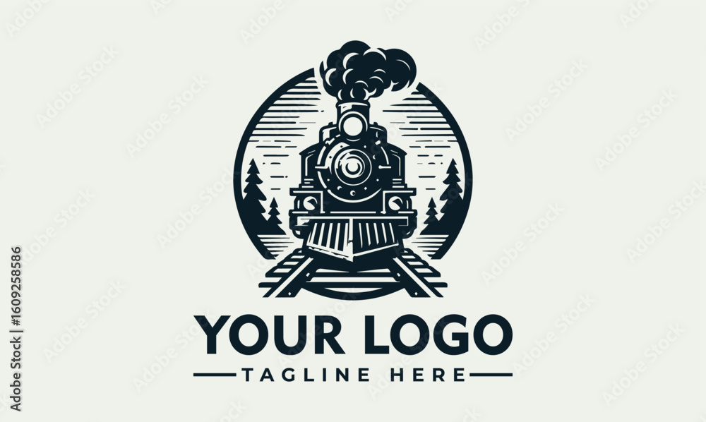 A vintage steam train graphic, centered on tracks, with trees and smoke ...