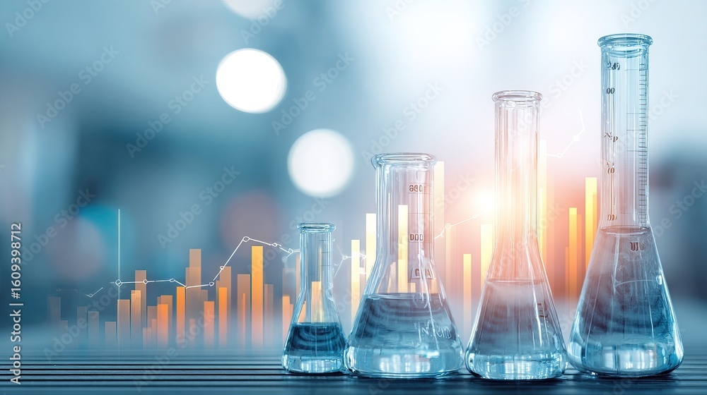 Clear glass beakers and flasks filled with liquid are arranged on a ...