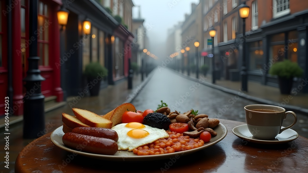Full English Breakfast with Traditional British Cobblestone Street and ...
