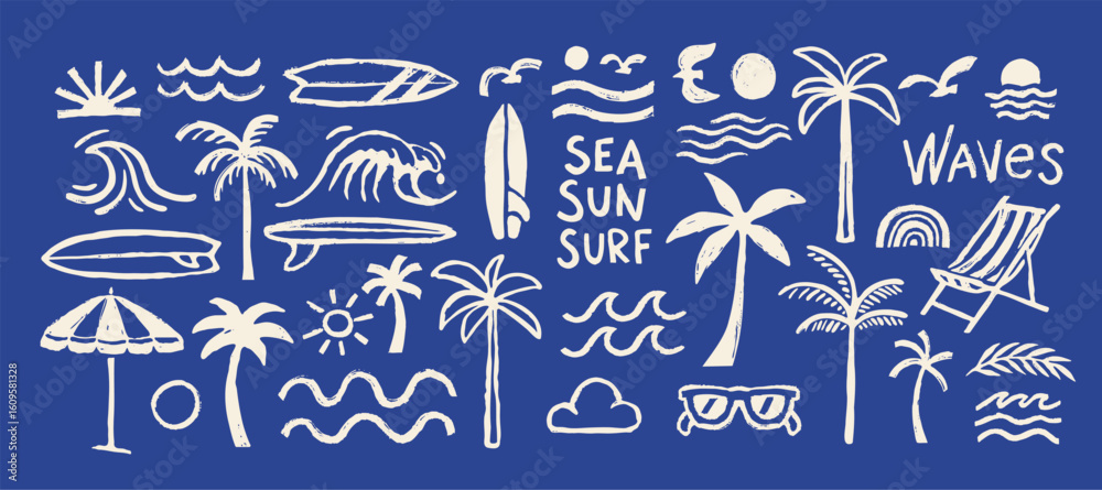 Hand-drawn doodle beach and surf icon vector set with tropical elements ...