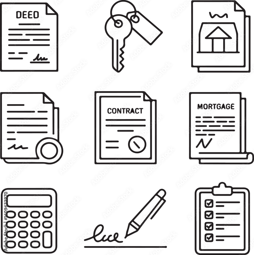 Property Documents and Real Estate Transactions Line Icons – House Deed ...