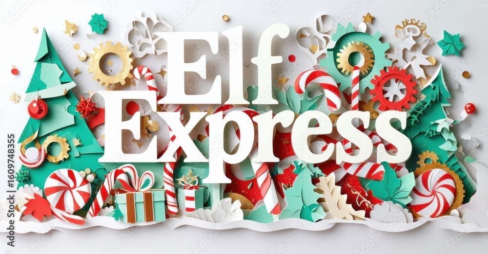 Festive papercraft design features Elf Express text. Includes trees ...