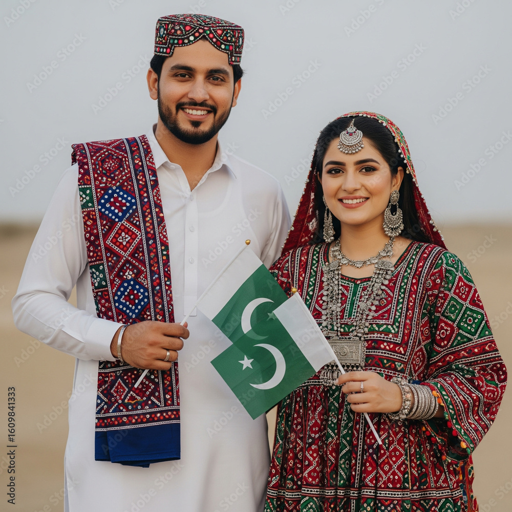Pakistani Couple in Traditional Sindhi Attire Holding Flags celebrating ...