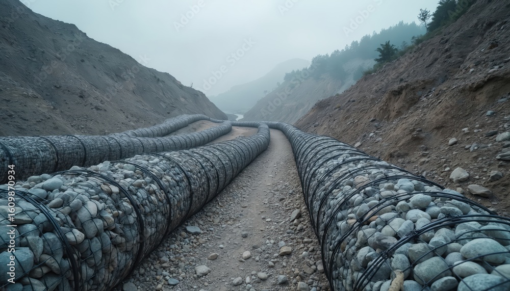 Large gabion cages made of stones reinforce mining site, controlling ...