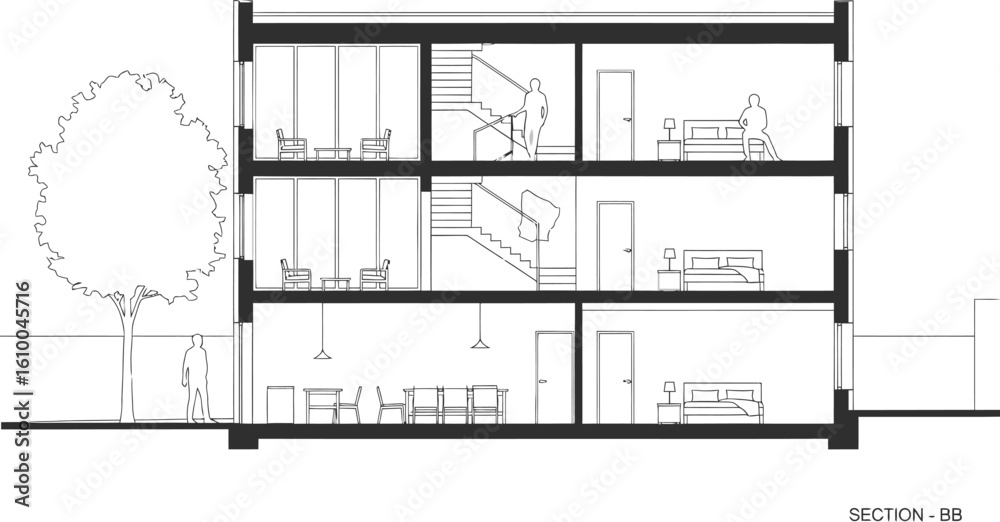 Architectural cross section drawing of a modern multi story building ...