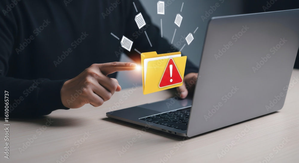 Data breach alert warning on laptop screen with files transfer and ...